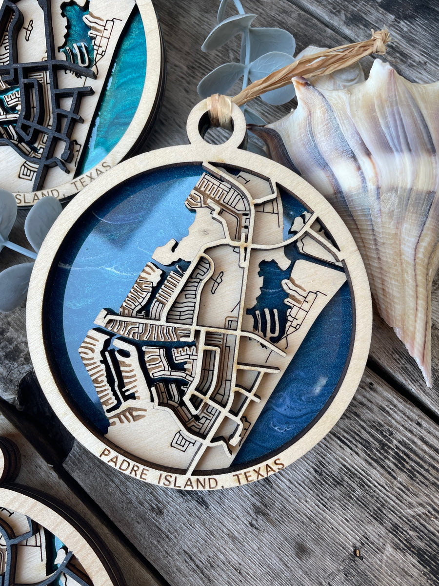 Padre Island Resin/Wood Coastal Map Ornament – Gypsy Finns